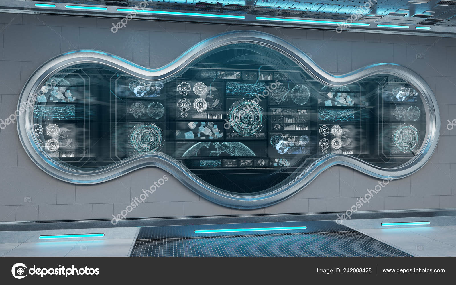 White Spaceship Interior Space Control Panel Digital Screens Rendering ...