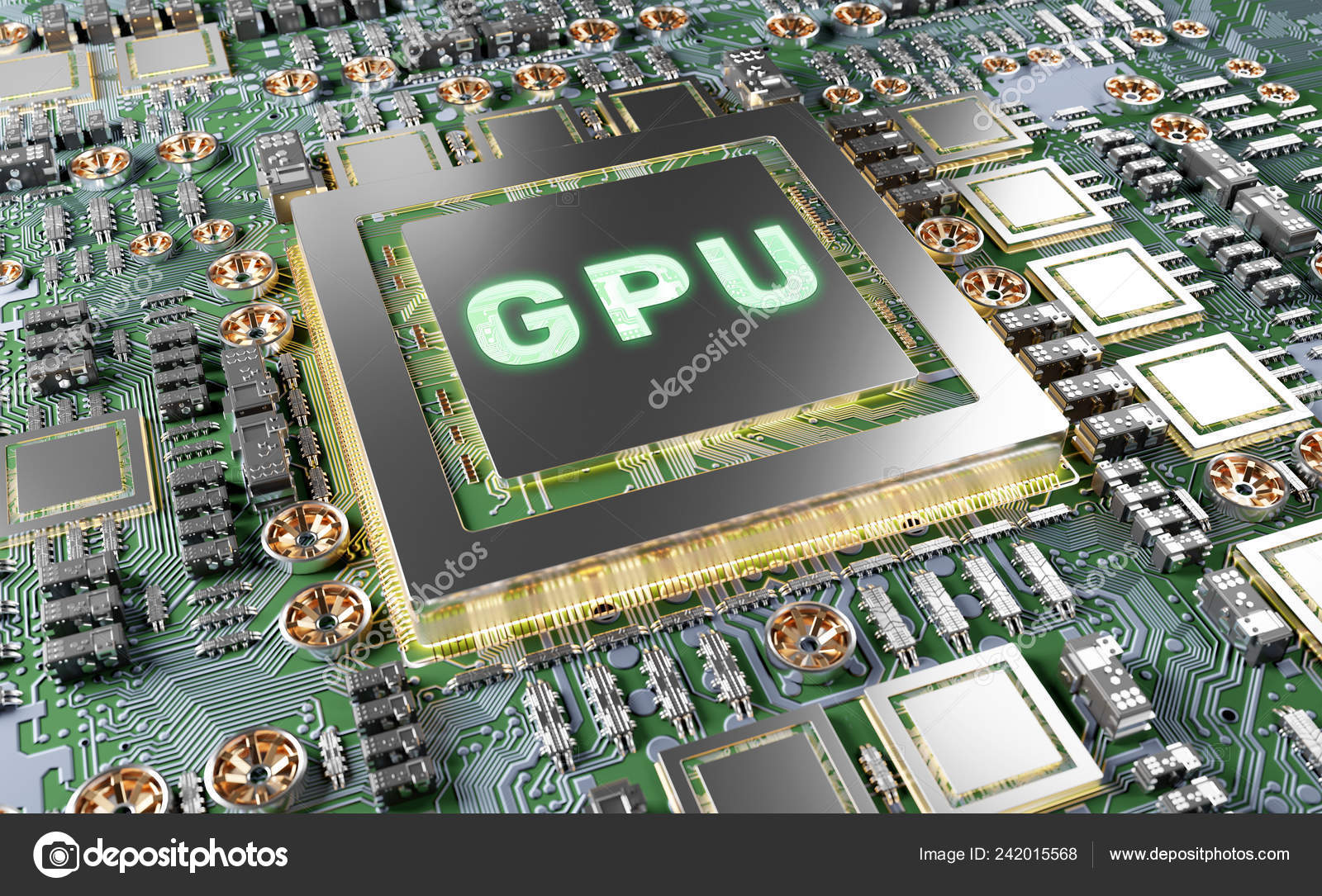 Close View Modern Gpu Card Circuit Colorful Lights Details Rendering — Stock Photo © sdecoret ...