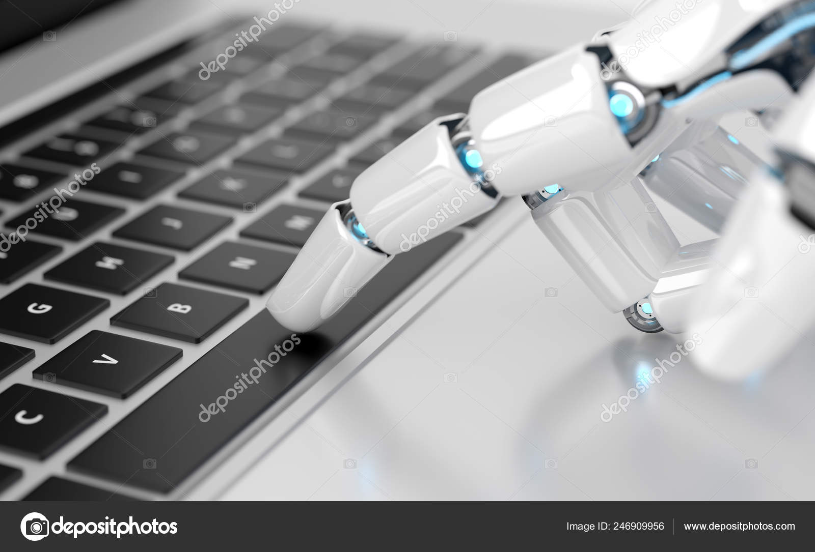White Robot Cyborg Hand Pressing Keyboard Laptop Rendering Stock Photo ...