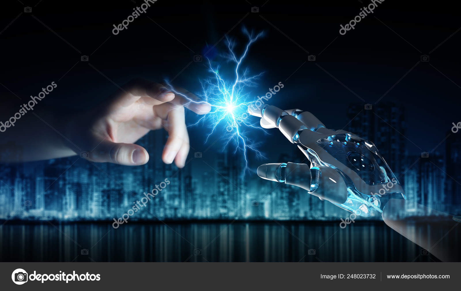 Robot hand creating electricity with human hand 3D rendering — Stock ...