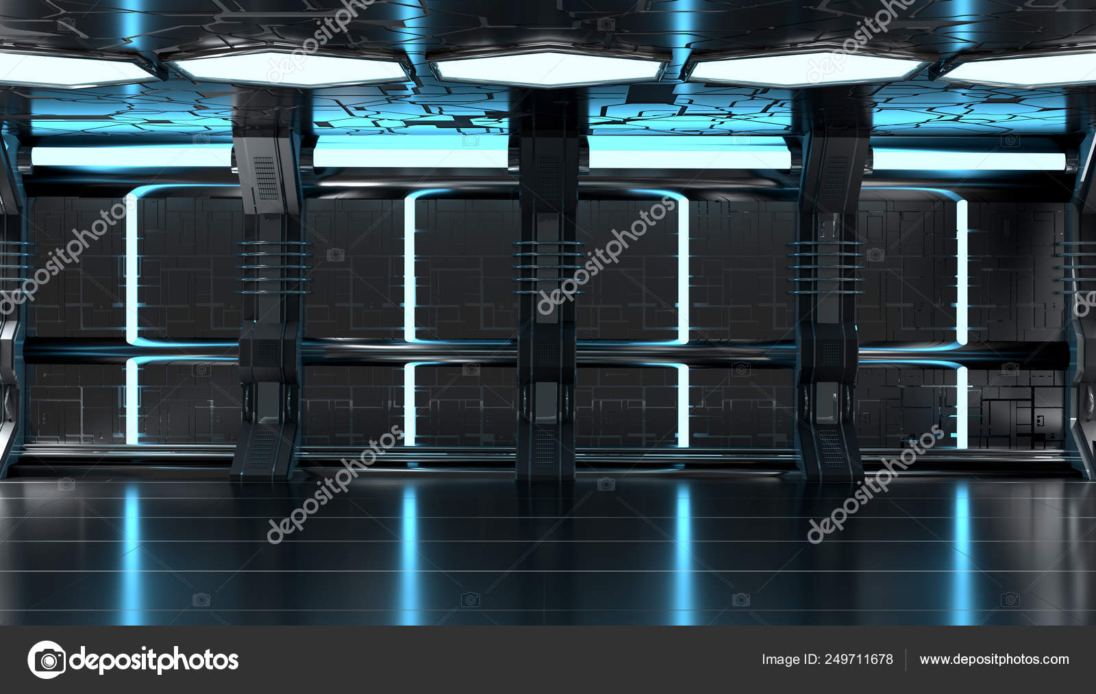 Dark blue spaceship futuristic interior with tech wall panel 3d — Stock ...