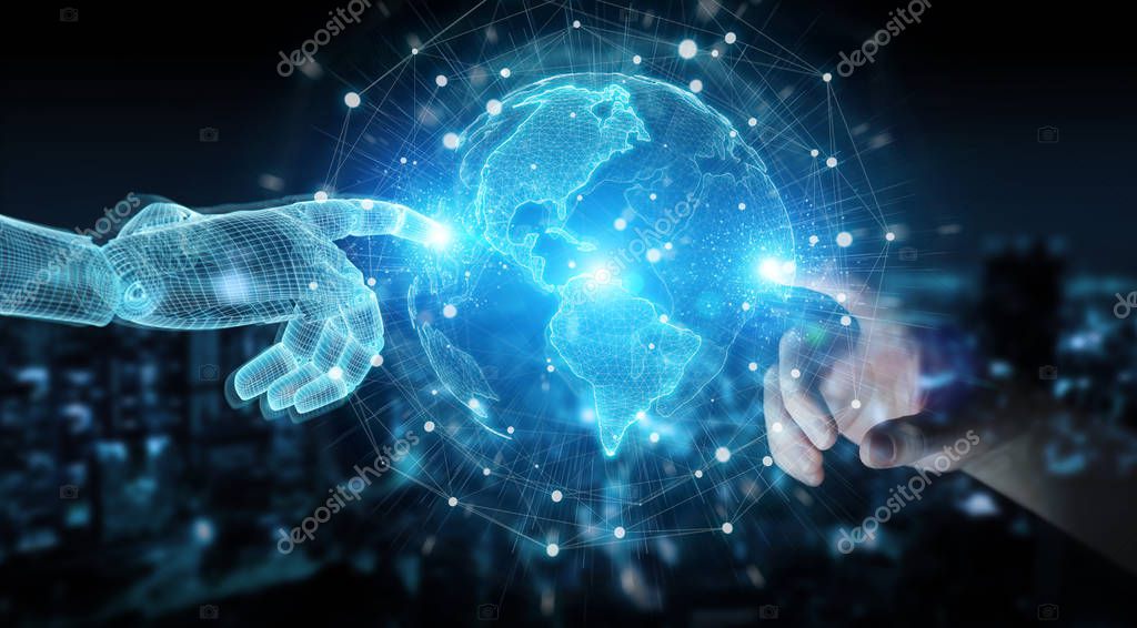 Mano robot Wireframed y mano humana tocar mundo digital en d 2023