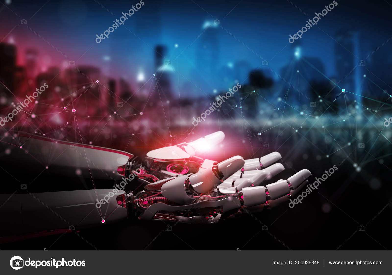 Red robot hand making contact with human hand 3D rendering — Stock ...