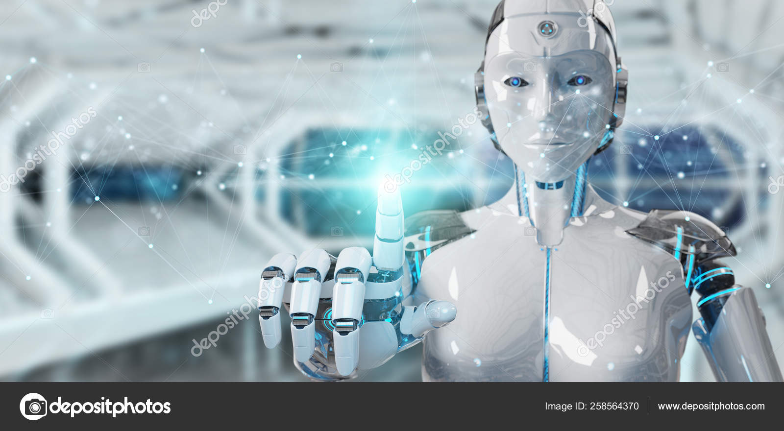 White robot using floating digital network connections with dots Stock ...