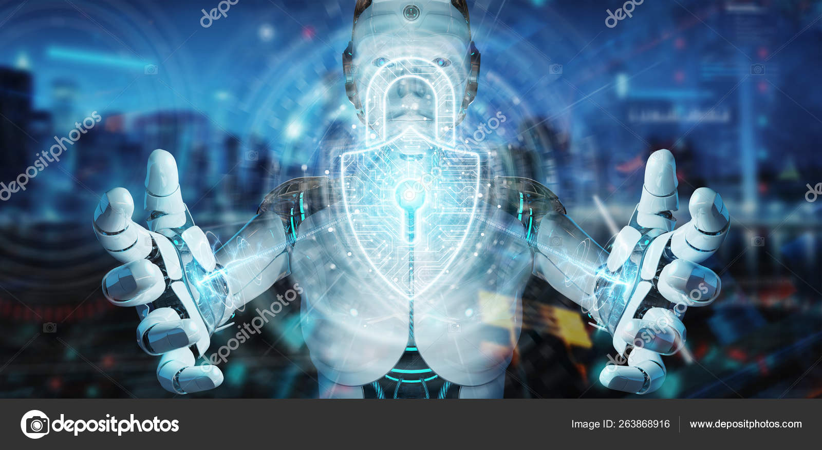 White robot protecting datas with digital security padlock holog Stock ...