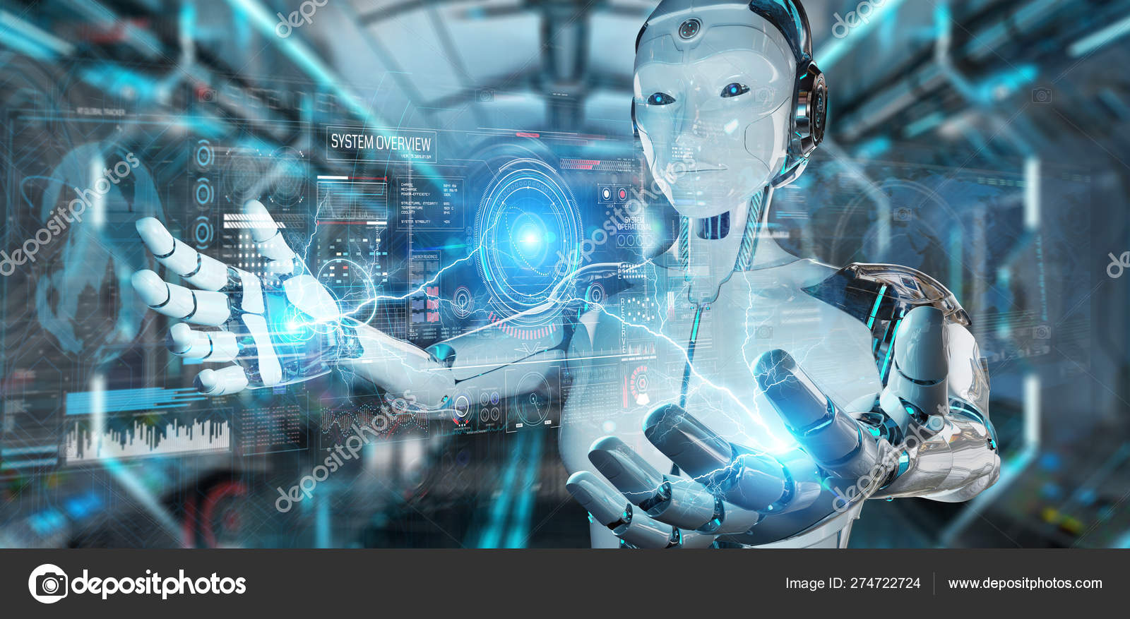 White humanoid robot using digital technological interface with Stock ...