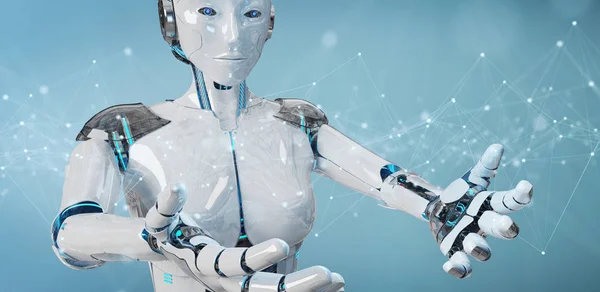 White humanoid robot using digital technological interface with — Stock ...