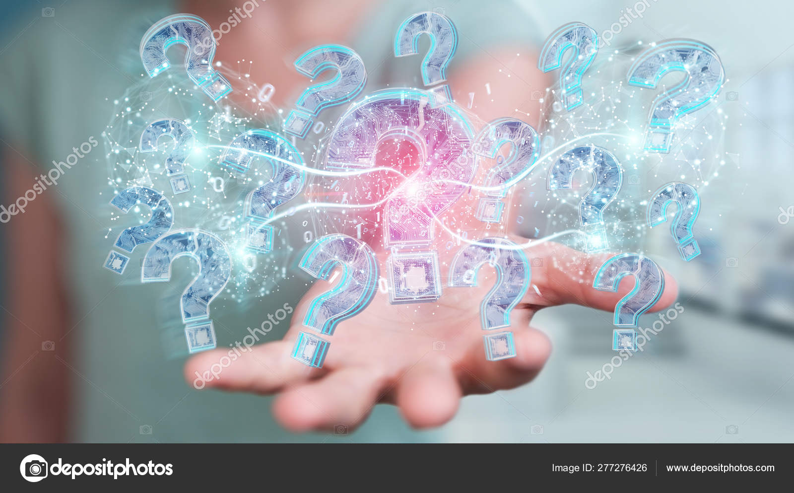 Businesswoman solving problem with digital question marks 3D ren — Stock Photo © sdecoret #277276426