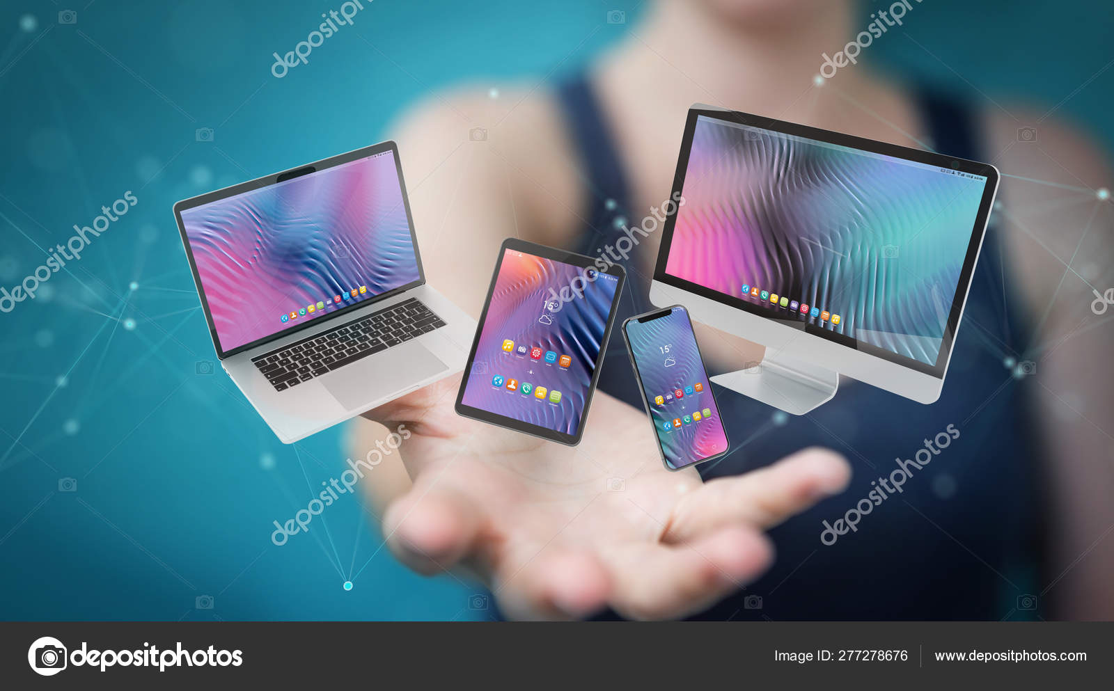 Woman connecting modern smartphone tablet laptop and computer 3D Stock ...