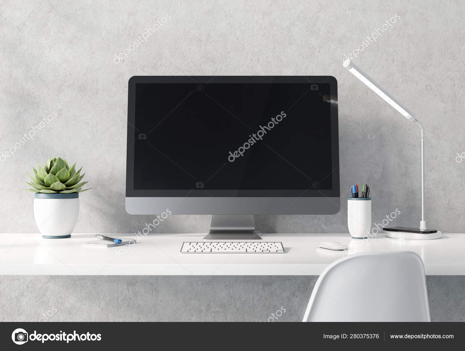 Modern black and silver computer on white desktop concrete inter Stock ...