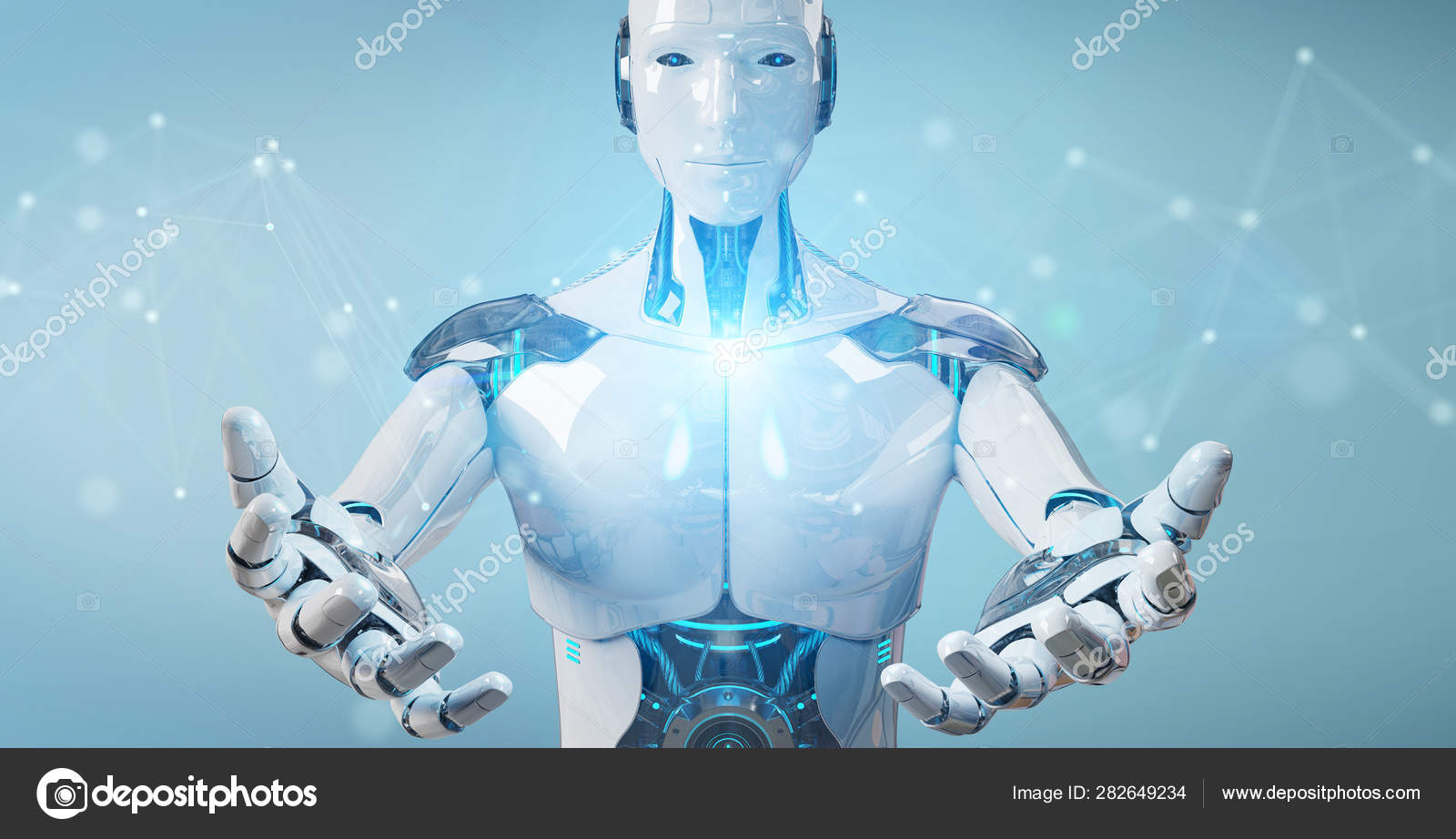White humanoid robot using digital technological interface with — Stock Photo © sdecoret #282649234