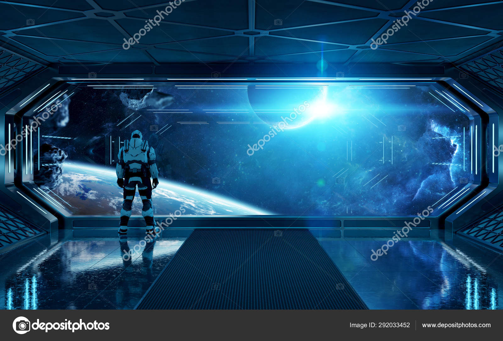 Astronaut in futuristic spaceship watching space through a large ...