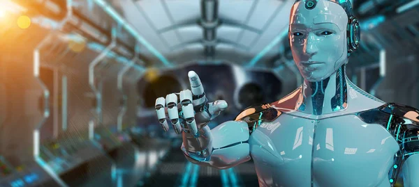 White Male Cyborg Pointing His Fingeron Dark Spaceship Background ...