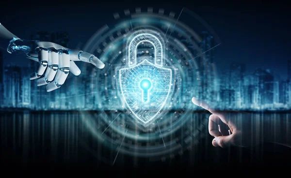 Robot hand and human hand touching digital padlock security 3D r ...