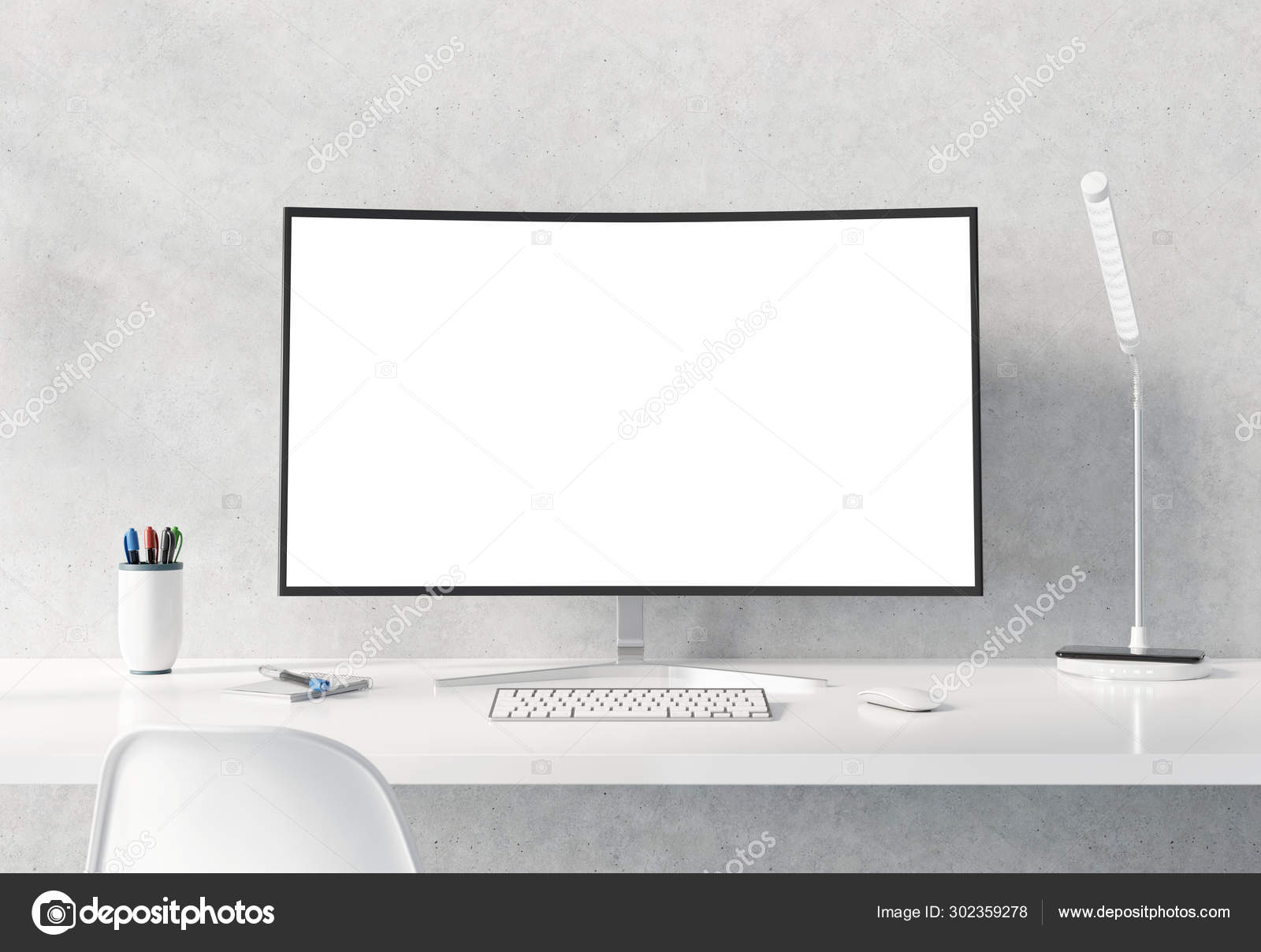 Curved monitor on white desktop concrete interior mockup 3D rend Stock ...