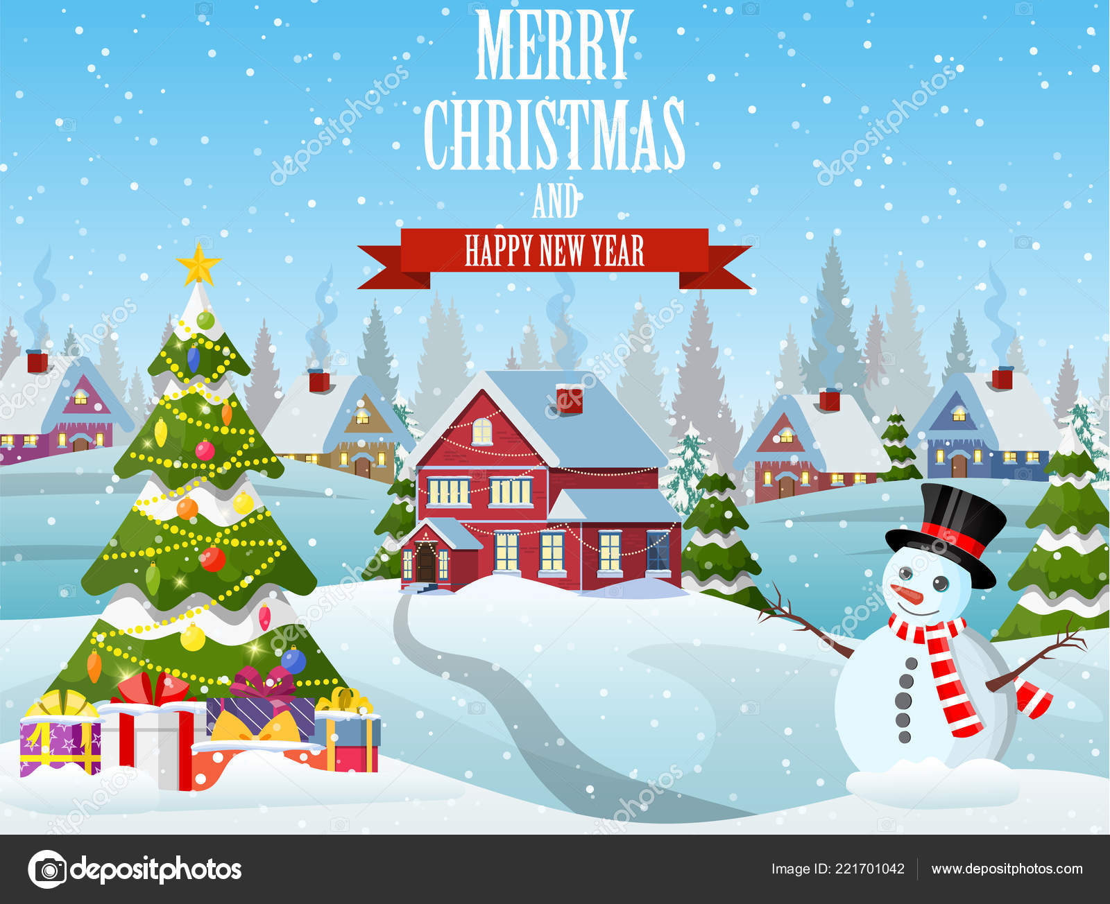 Snowy village landscape Stock Vector by ©drogatnev 221701042