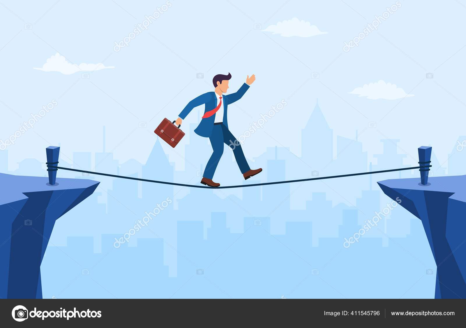 Businessman is walking a tightrope across the gap between the rocks ...