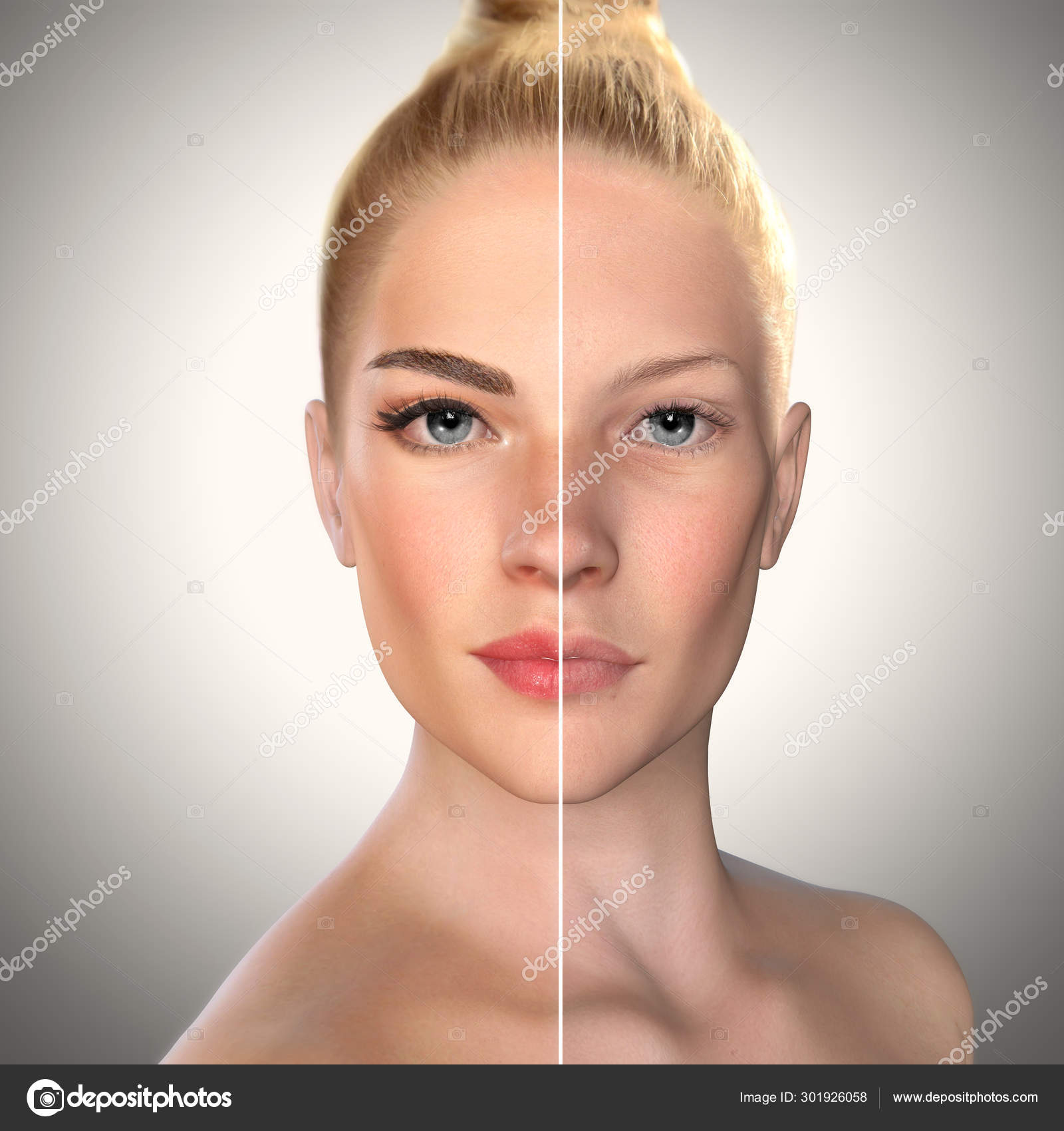 3d beauty comparison face before and after, Eyebrow microblading Stock ...