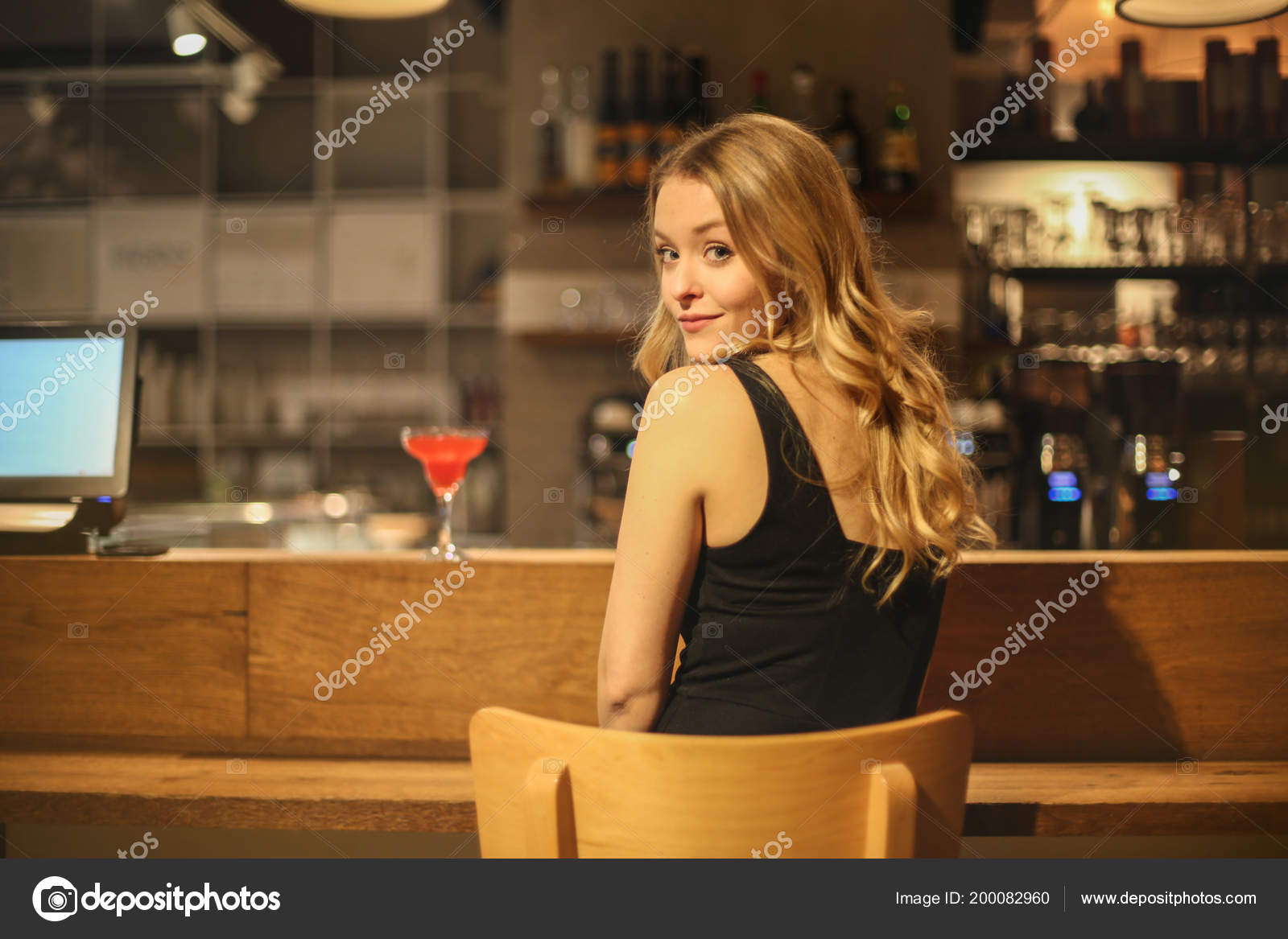 Young Blonde Woman Sitting Bar Drink — Stock Photo © olly18 #200082960