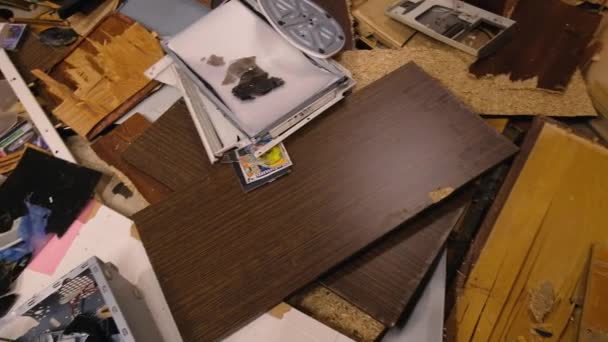 Interior of the destroyed room, debris of computer and furniture ...