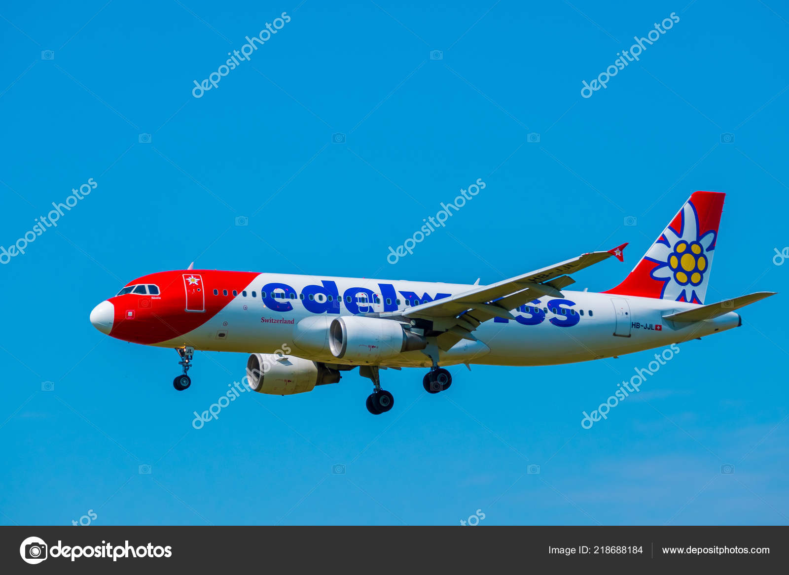 Edelweiss airlines airplane preparing for landing at day time in ...