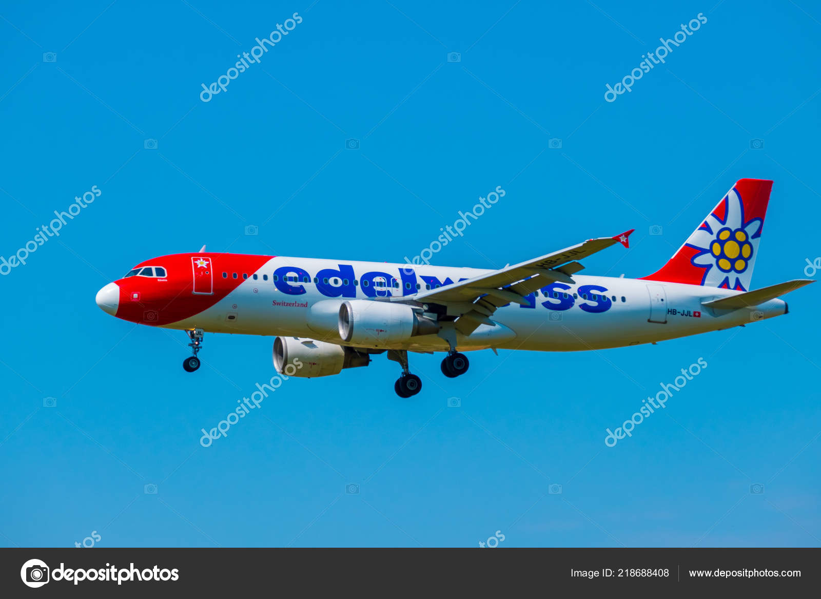 Edelweiss airlines airplane preparing for landing at day time in ...