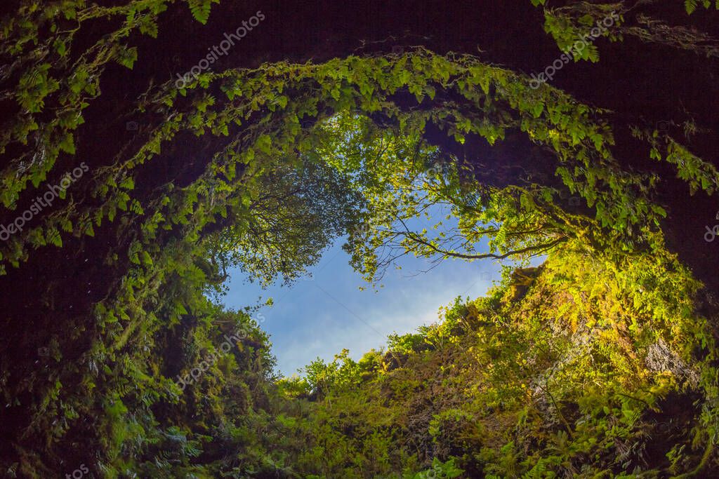 Cueva en un volcán extinto en la isla de Terceira Gruta do Algar do ...