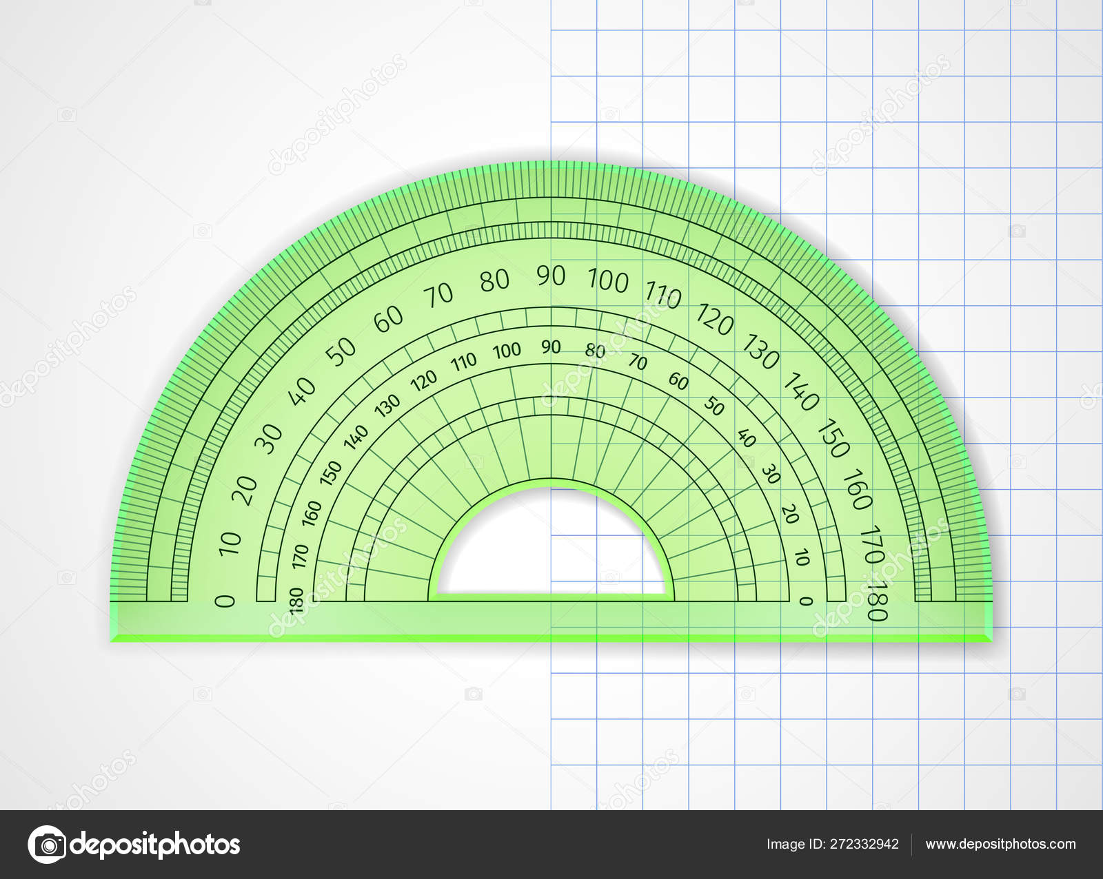 School supplies. Measuring tool. Green transparent plastic protractor ...