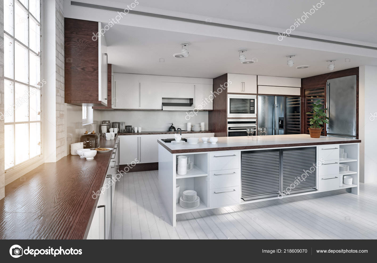 Modern Kitchen Interior Rendering Design Concept Stock Photo by ...