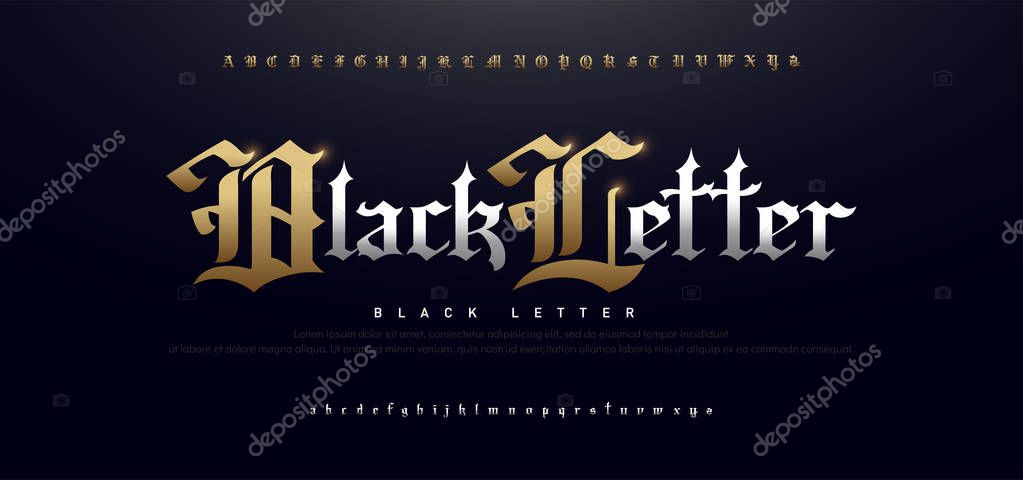 Elegante Blackletter Gothic Golden Alphabet Font. Tipografía plata y ...