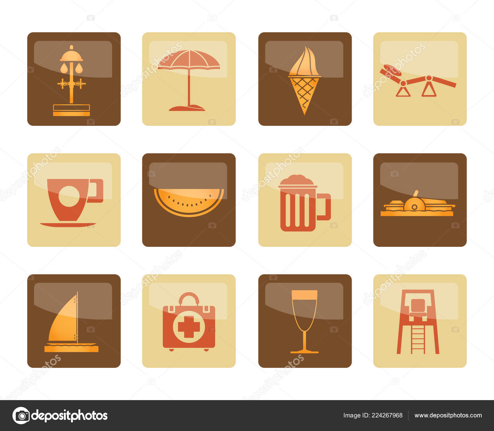 Beach Holiday Icons Brown Background Vector Icon Set Stock Vector Image ...