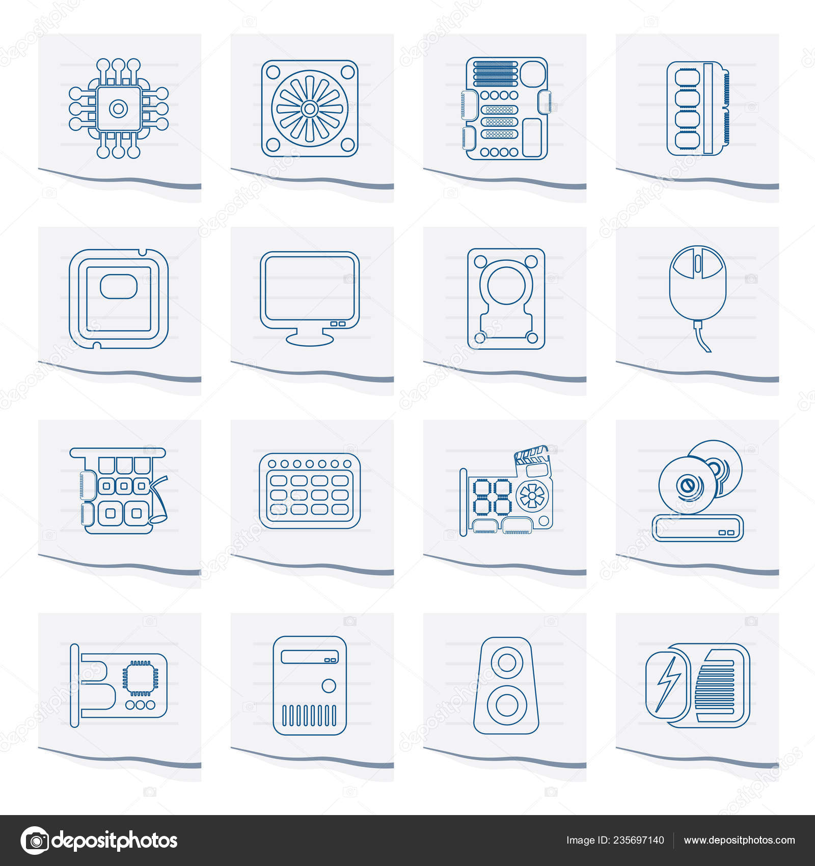 Computer Performance Equipment Icons Piece Paper Vector Icon Set Stock ...