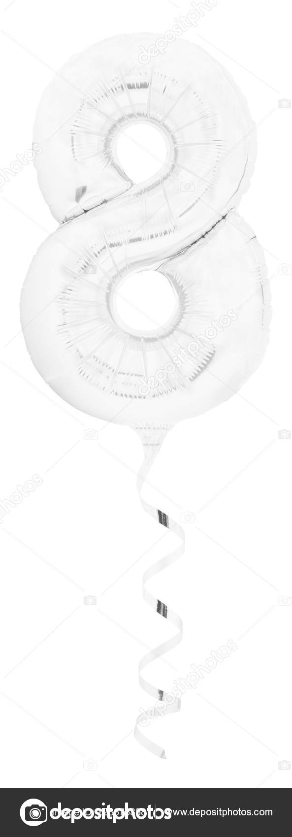 Number eight 8 made of inflatable balloon with white ribbon isolated on ...