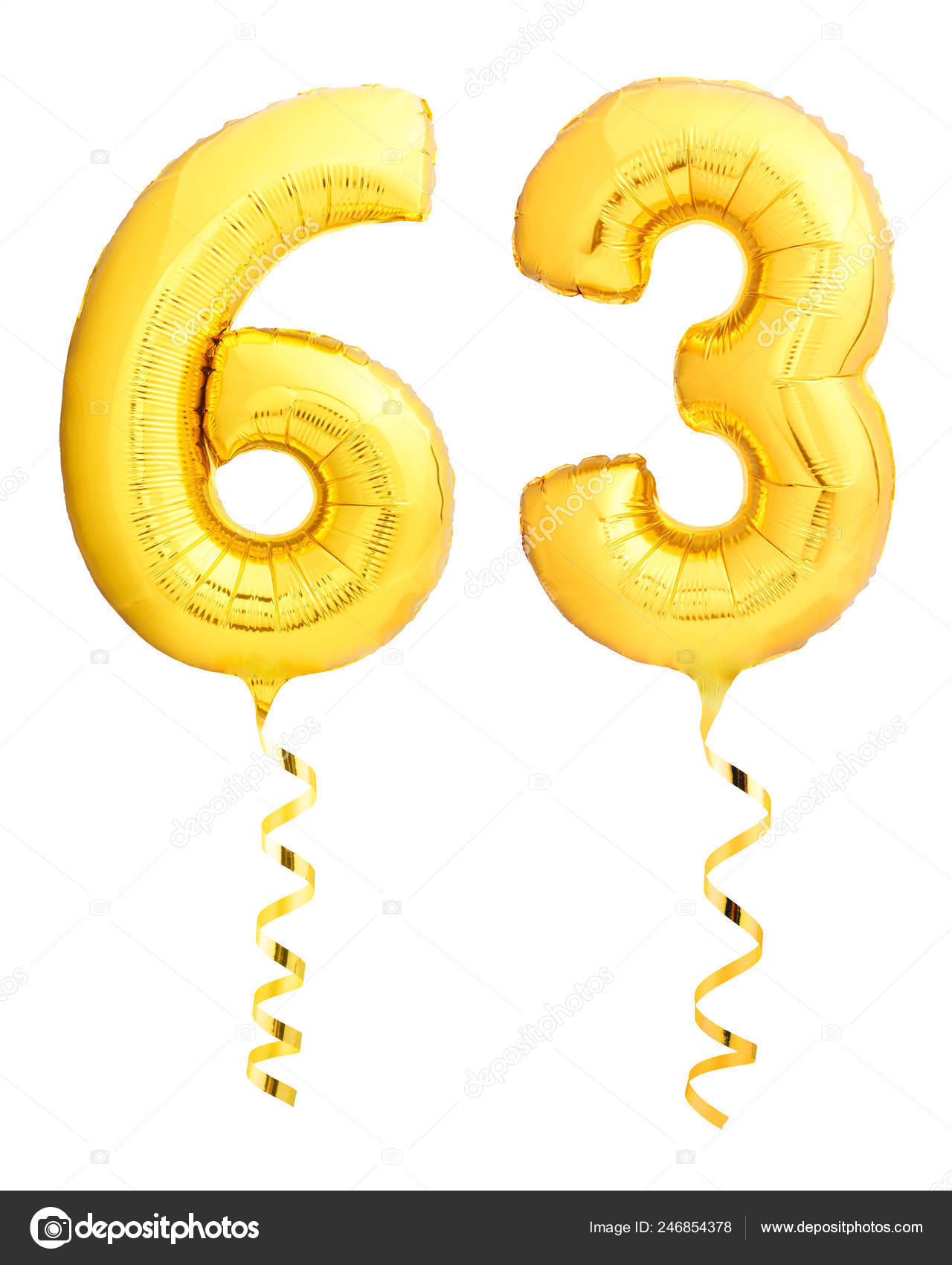 Golden number sixty three 63 made of inflatable balloon with ribbon on ...