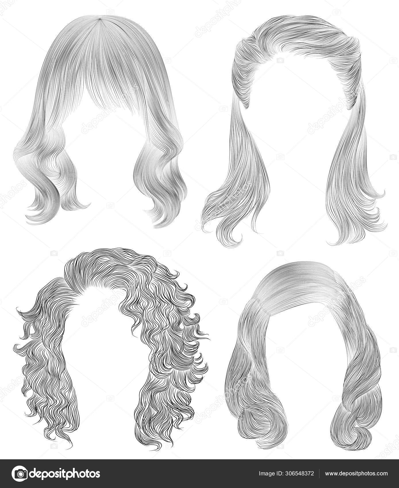 Set long woman hairs . black pencil drawing sketch . women fas Stock ...