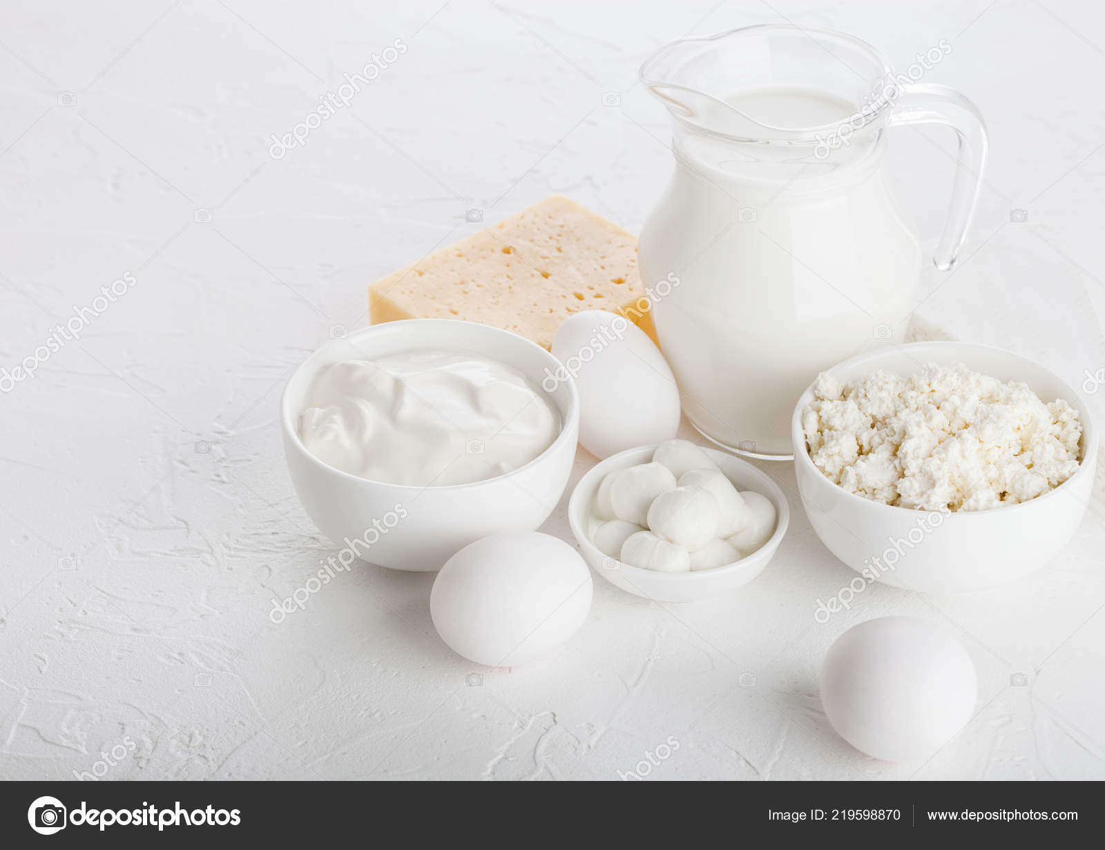 Fresh Dairy Products White Table Background Glass Jar Milk Bowl Stock ...