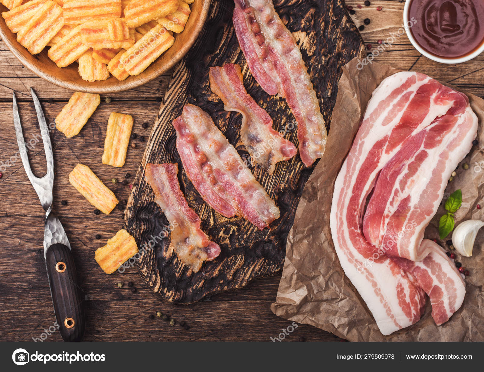 Bacon flavored snacks chips with grilled bacon rashers on vintage ...