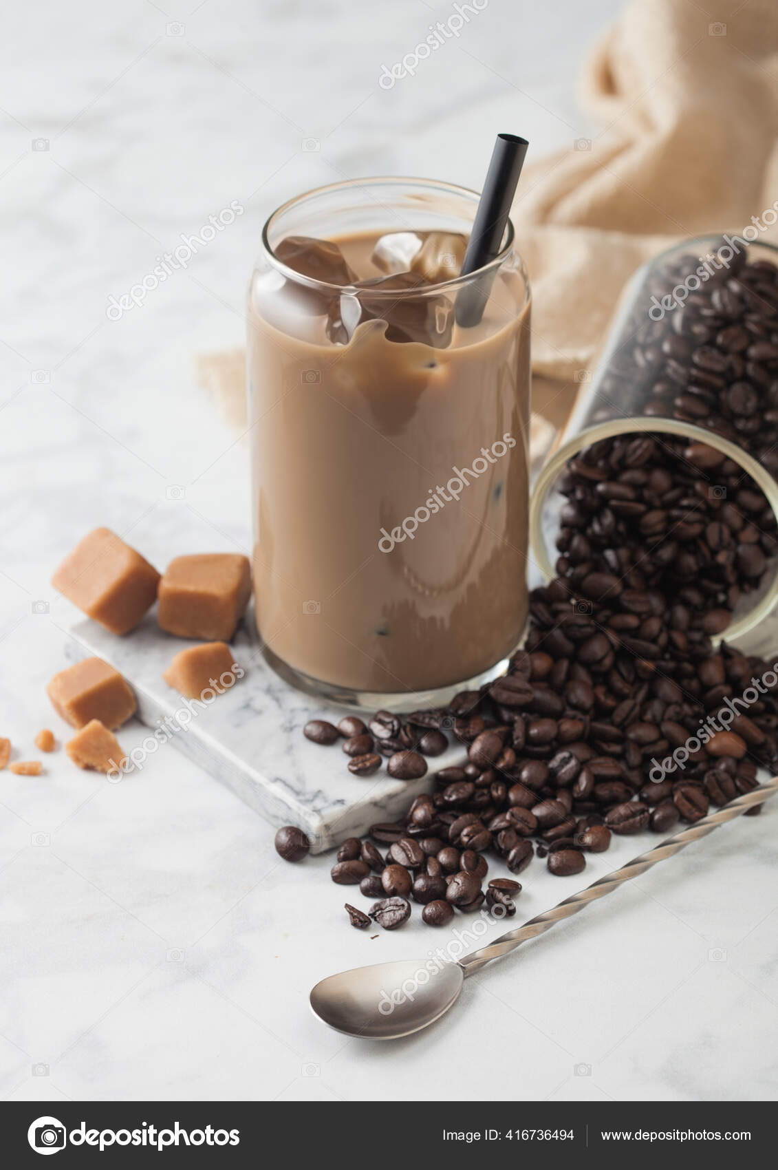 Iced Cold Coffee Milk Glass Container Beans Spoon Salted Caramel Stock ...