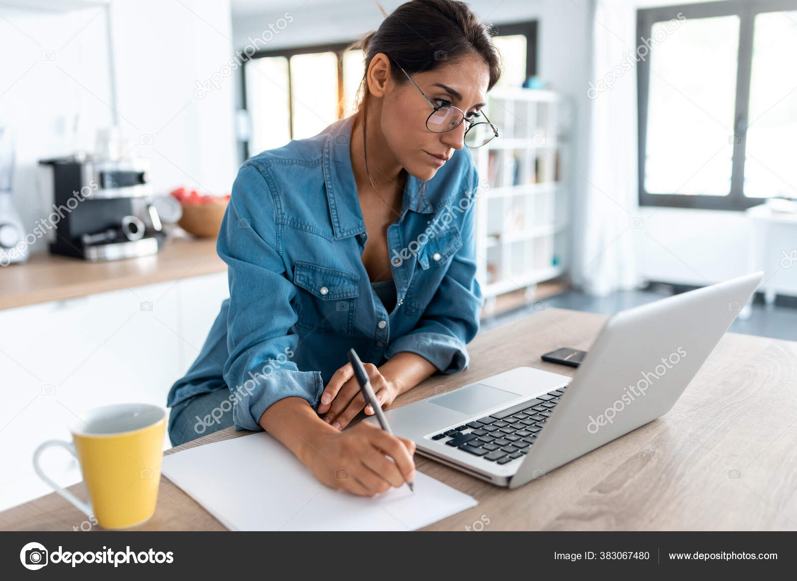 Shot Pretty Young Woman Writing Notes Working Laptop Kitchen Home ...