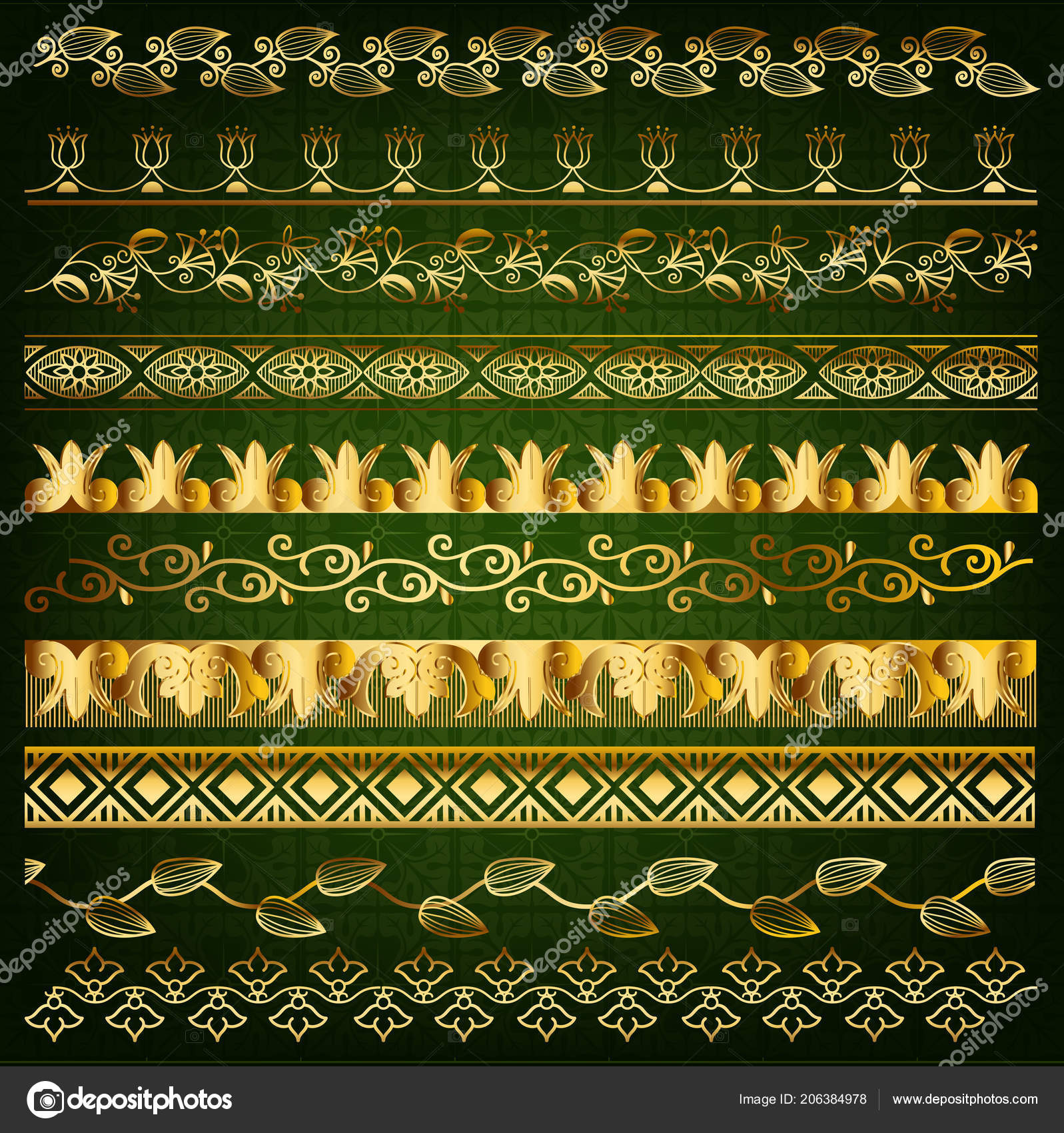 Set Ten Seamless Golden Borders Arabic Style Perfect Elemets Design ...