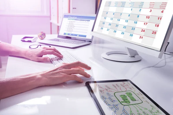 Close Business Person Looking Calendar Laptop Computer — Stock Photo ...