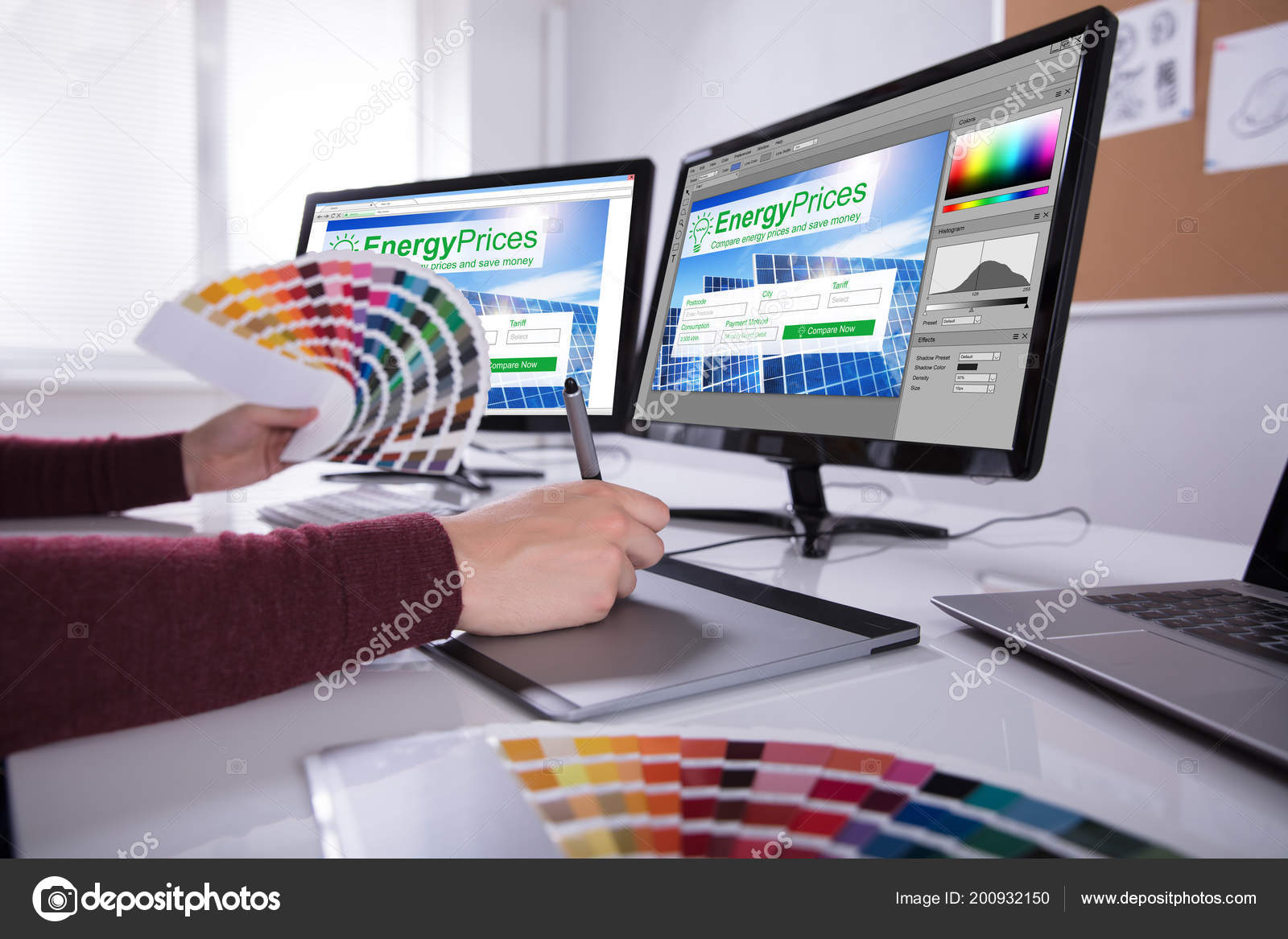 Side View Young Male Designer Holding Colorful Swatch Working Computer ...