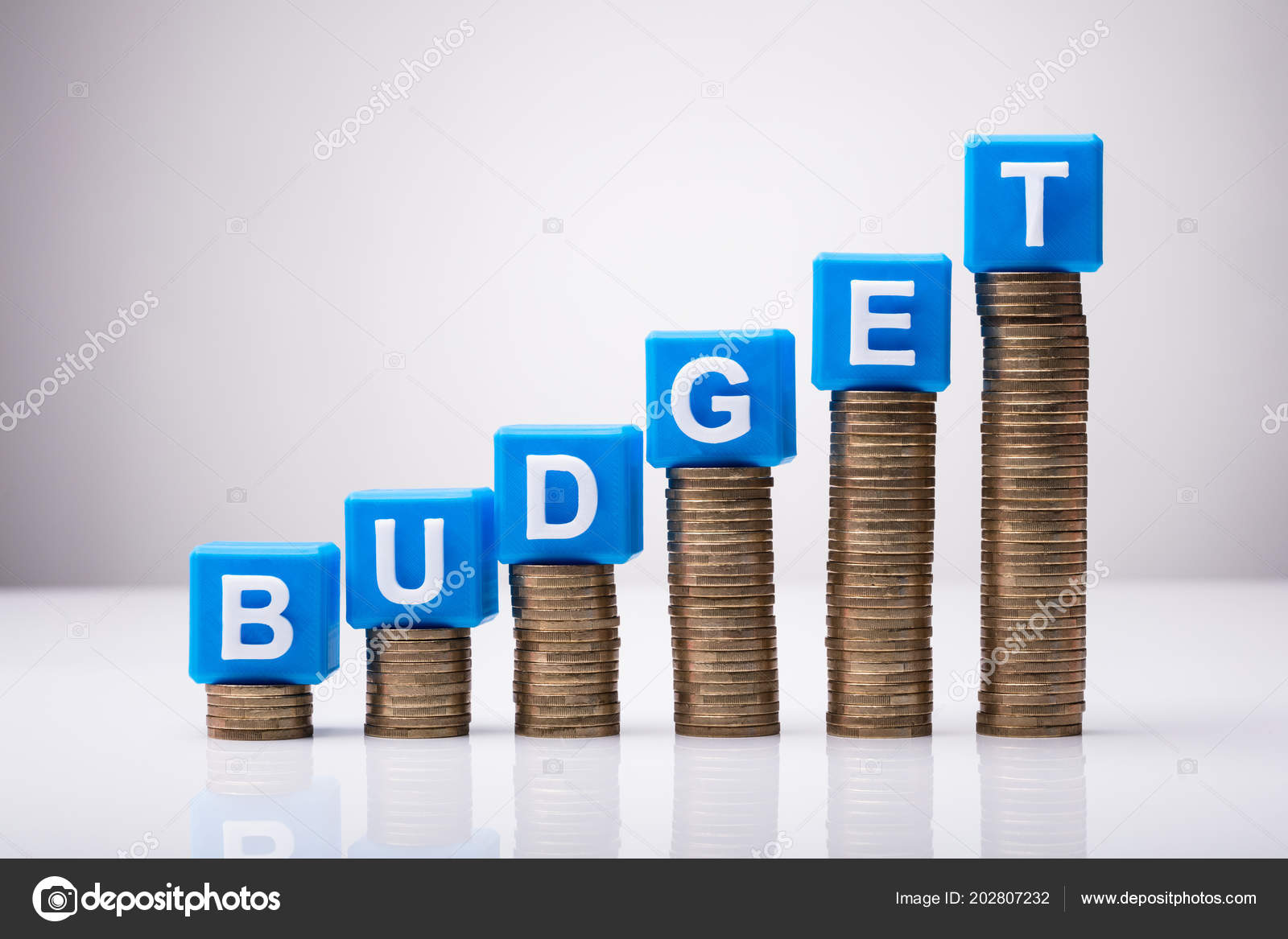 Blue Budget Cubic Blocks Increasing Stacked Coins White Background ...