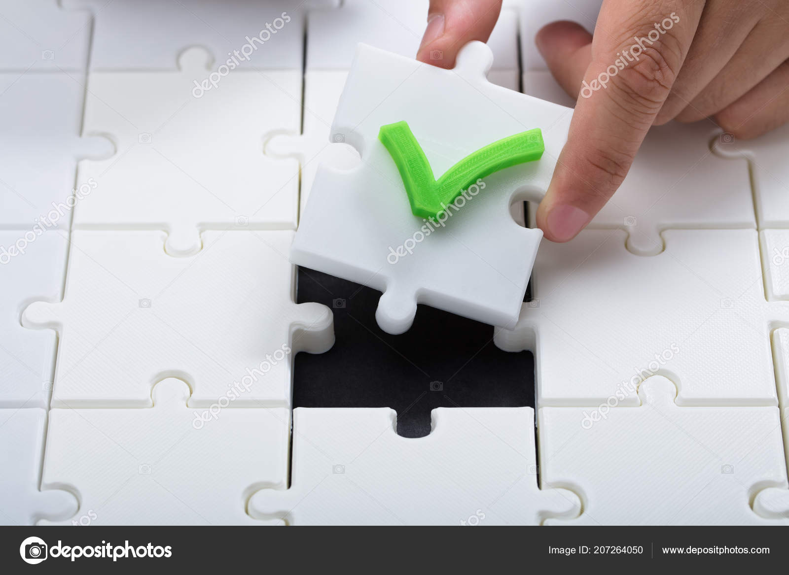 Human Hand Solving Jigsaw Puzzle Connecting White Piece Check Mark ...