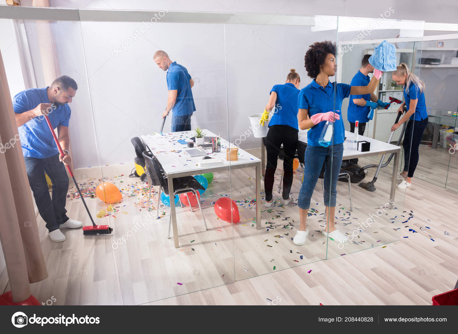 Group Young Janitors Cleaning Office Cleaning Equipment Party — Stock ...