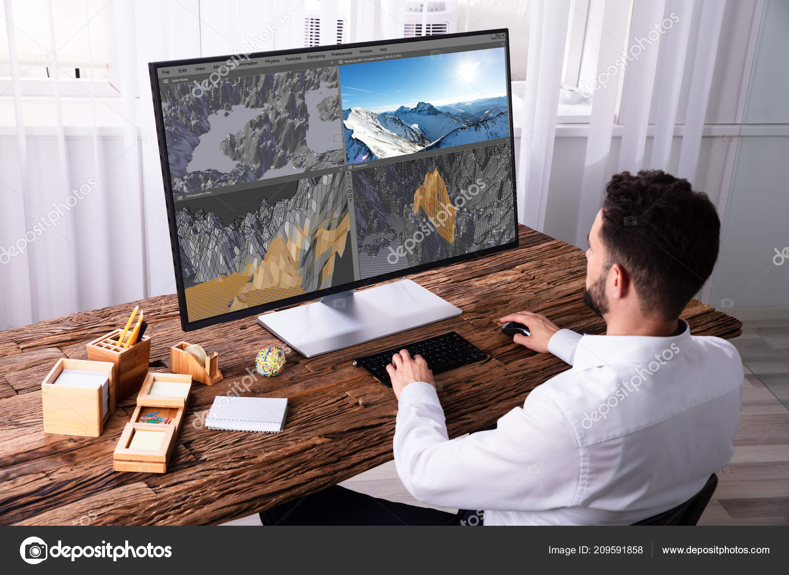 Young Man Editing Landscape Computer Wooden Desk — Stock Photo ...