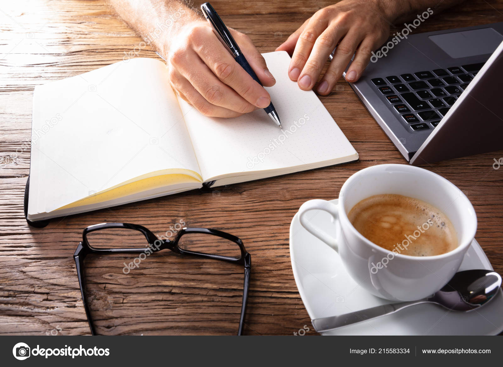 Close Person Writing Notebook Wooden Desk — Stock Photo © AndreyPopov ...
