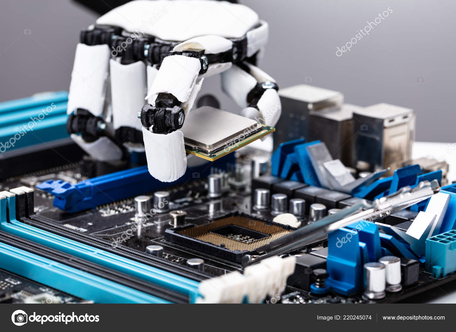 Close Robotic Hand Placing Processor Chip Motherboard — Stock Photo ...