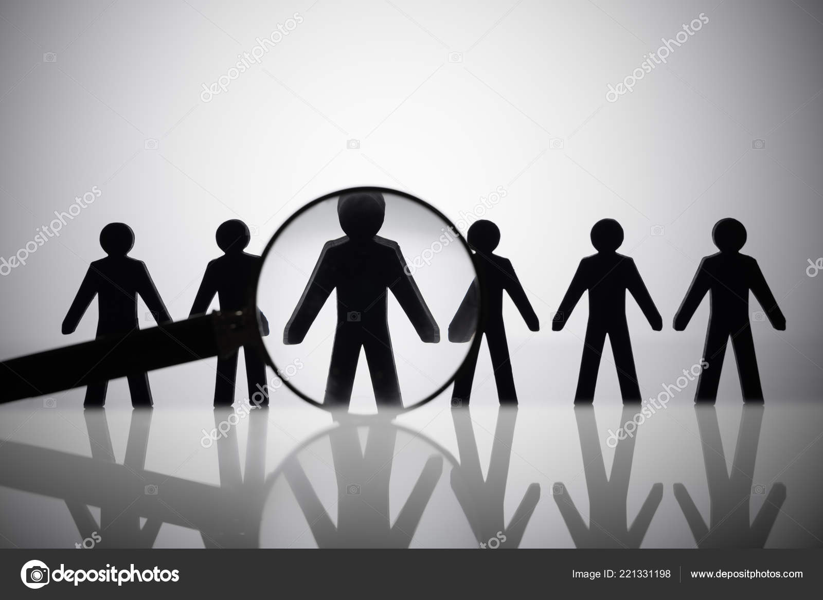 Silhouette Human Figure Seen Magnifying Glass Reflective Desk Stock ...