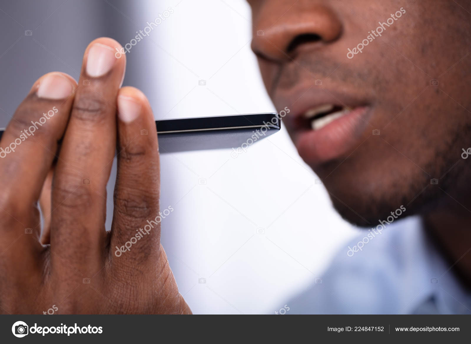 Close African Man Using Voice Assistant Cellphone — Stock Photo ...